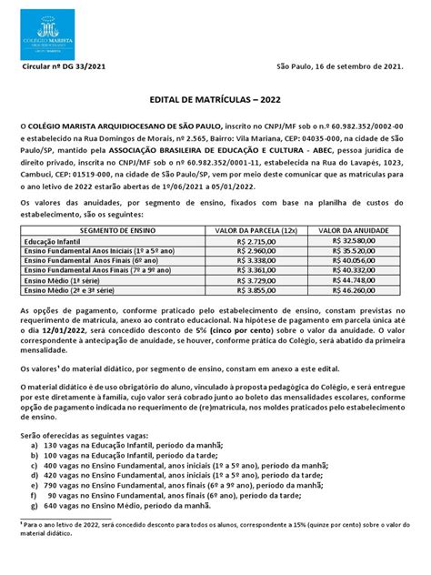 Edital De Matriculas E Anexo 2022 Pdf Pedagogia Escolas