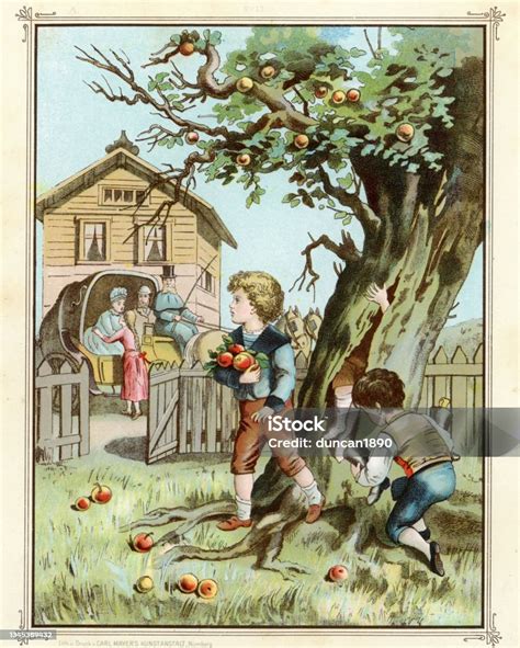 Два Мальчика Крадут Яблоки Из Сада Викторианский Немец 19 Век — стоковая векторная графика и