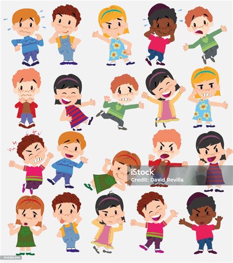 ตัวการ์ตูนเด็กชายและเด็กหญิง ตั้งด้วยท่าทางทัศนคติและท่าทางที่แตกต่างกันทํากิจกรรมที่แ ภาพประกอบ
