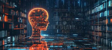 Digital Brain Immersed In Data Flow With Futuristic Library Background And Binary Code