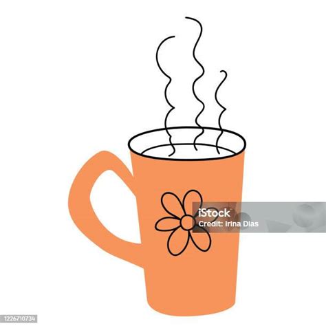 꽃무늬가 있는 오렌지 머그잔과 뜨거운 음료의 증기 아이콘과 로고를 위한 커피 또는 차 또는 우유 의 캡 0명에 대한 스톡 벡터