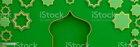 녹색 배경에 금 아랍어 창과 별입니다 디자인 이슬람 축 하 의 날 라마단 카림 또는 이드 알 Fitr Adha 복사 공간 텍스트 영역 3d 렌더링 그림의 디자인 3차원