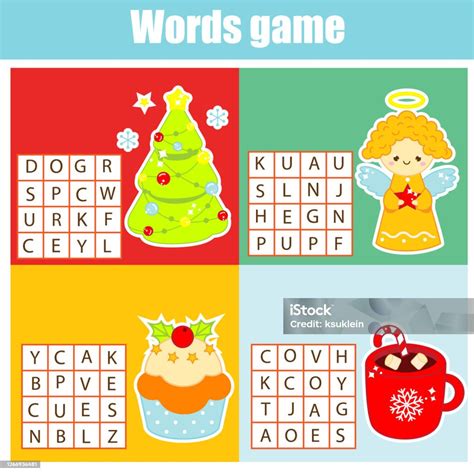 아이들을위한 교육 게임 크리스마스와 뉴 이어 휴일 단어 검색 퍼즐 0명에 대한 스톡 벡터 아트 및 기타 이미지 0명 가로