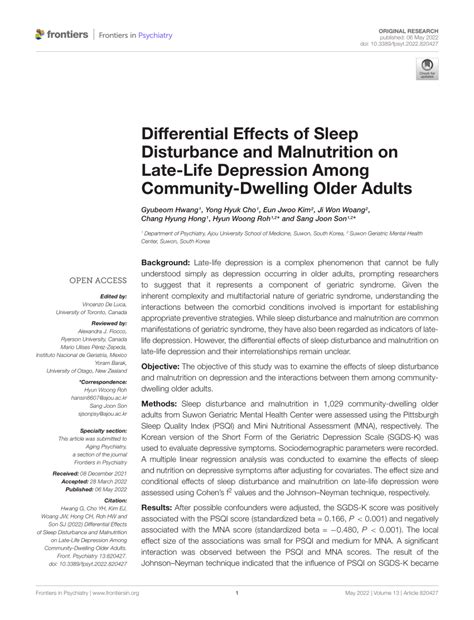 Pdf Differential Effects Of Sleep Disturbance And Malnutrition On Late Life Depression Among