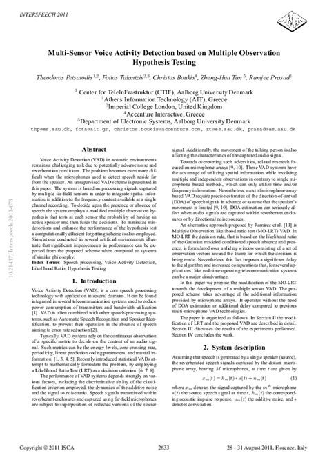 Pdf Multi Sensor Voice Activity Detection Based On Multiple