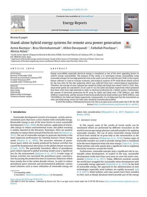 Stand Alone Hybrid Energy Systems For Remote Area Power Generation Pdf Renewable Energy