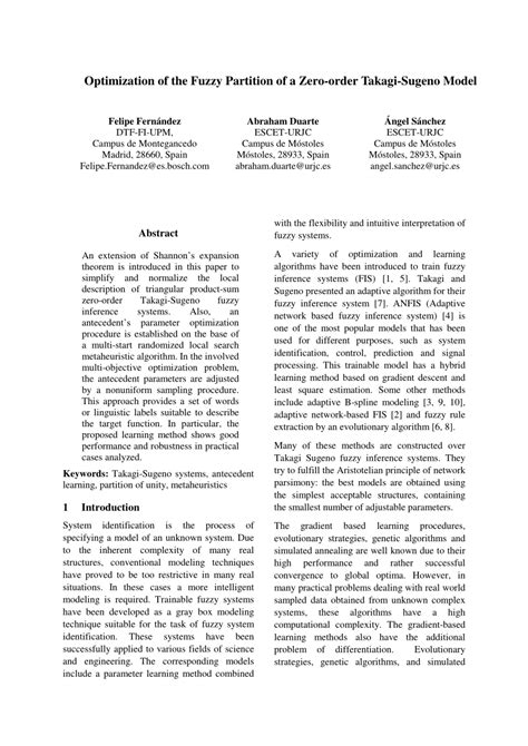 Pdf Optimization Of The Fuzzy Partition Of A Zero Order Takagi Sugeno Model