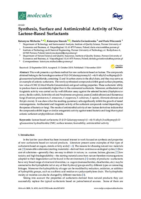 Pdf Synthesis Surface And Antimicrobial Activity Of New Lactose Based Surfactants