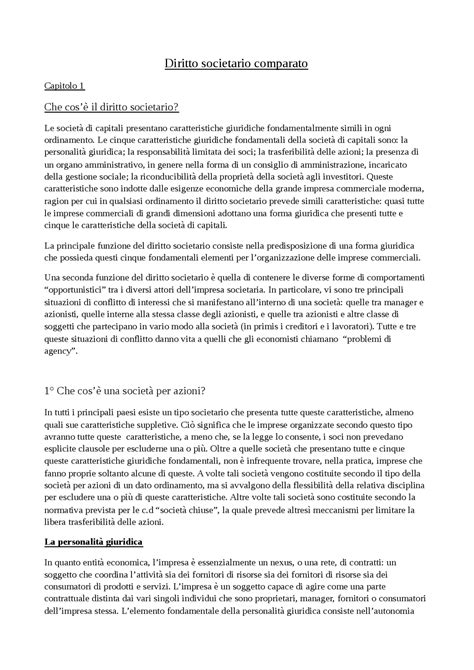 Riassunto Diritto Societario Comparato Docsity