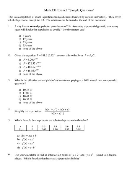 Exam I Sample Questions Solved Mathematics Concepts Calculus Math 131 Docsity