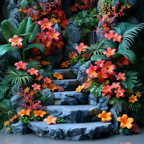 Beautiful Floral Garden Stairs Background With Tropical Flowers And