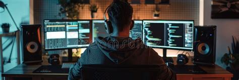 Focused Programmer Working Late At Night With Triple Monitor Setup A