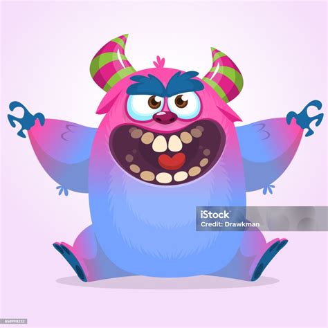 귀여운 다채로운 행복 만화 괴물입니다 벡터 뚱뚱한 괴물 마스코트 캐릭터입니다 할로윈 파티 장식 인쇄 또는 어린이 책에 대 한 디자인 갈고리 발톱에 대한 스톡 벡터 아트 및