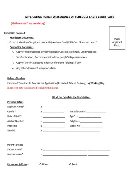 Application For Scheduled Caste Certificate Pdf Identity Document