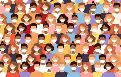 코로나바이러스를 예방하기 위해 의료용 마스크를 쓴 남성과 여성 그룹이 일렬로 서 있습니다 사람들이 군중 프리미엄 벡터