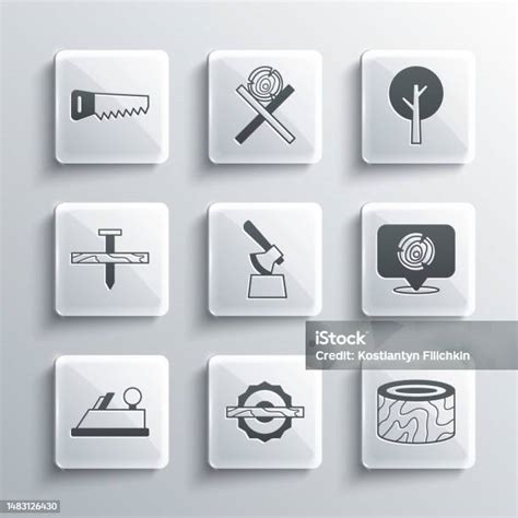 전기 원형 톱 나무 그루터기 나무 통나무 도끼 비행기 도구 금속 못 손 및 아이콘을 설정하십시오 벡터 강철에 대한 스톡 벡터 아트 및 기타 이미지 Istock