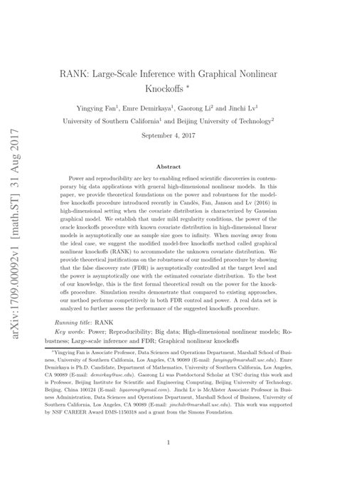 Pdf Rank Large Scale Inference With Graphical Nonlinear Knockoffs