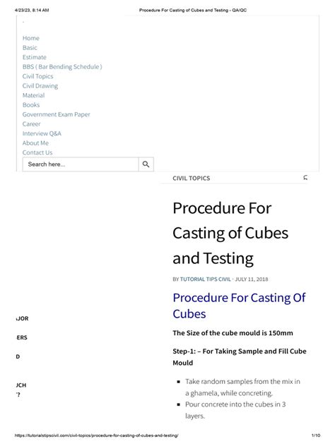 Procedure For Casting Of Cubes And Testing Qa Qc Pdf Volume Density