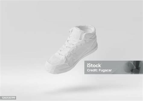 창조적 인 최소한의 종이 아이디어 흰색 배경이있는 흰색 신발을 컨셉 3d 렌더링 3d 그림 0명에 대한 스톡 사진 및 기타 이미지 Istock