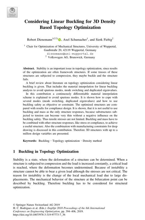 Pdf Considering Linear Buckling For 3d Density Based Topology Optimization