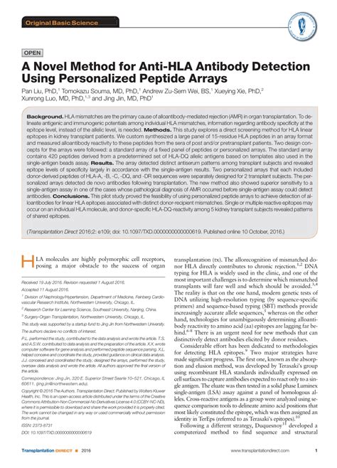 PDF A Novel Method For Anti HLA Antibody Detection Using Personalized Peptide Arrays