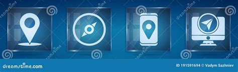 Set Location Compass City Map Navigation And Monitor With Location Marker Square Glass Panels
