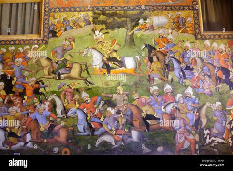 Fresco At Chehel Sotoun Palace Showing The Battle Between Shah Esmaeel Safavid And Sheibak Khan