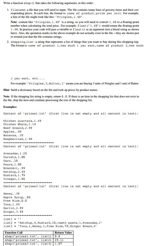 solved write a function shop that takes the following