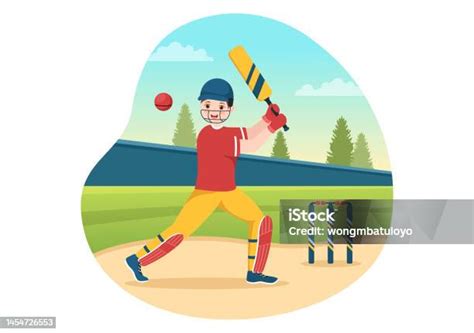 플랫 만화 손으로 그린 템플릿에서 챔피언십을 위해 필드에서 박쥐와 공으로 크리켓 스포츠 삽화를 하는 타자 Championship에 대한 스톡 벡터 아트 및 기타 이미지