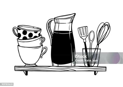 손으로 그린 벡터 일러스트 레이 션 선반에 그릇 스케치 스타일에서 디자인 요소입니다 인화 카드 메뉴 비닐 스티커 등 완벽 한 그릇에 대한 스톡 벡터 아트 및 기타 이미지