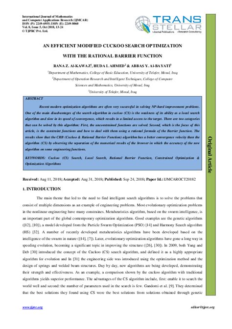 Pdf An Efficient Modified Cuckoo Search Optimization With The Rational Barrier Function