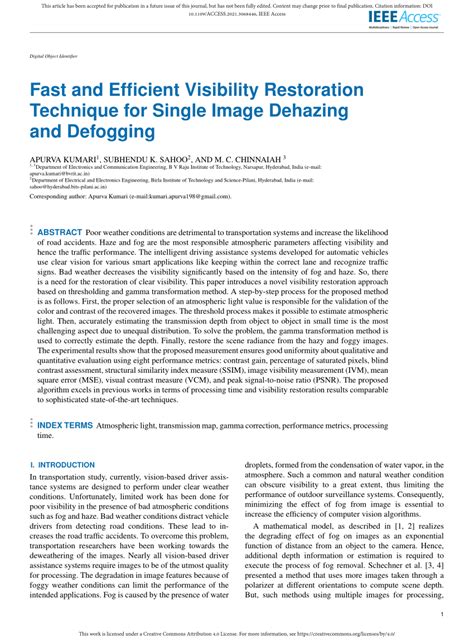 pdf fast and efficient visibility restoration technique for single image dehazing and defogging