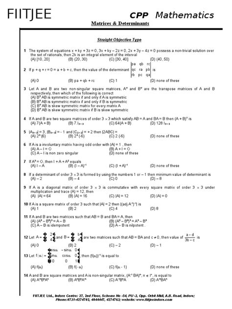 Quiz Matrices And Determinants 1 Pdf Determinant Matrix Mathematics