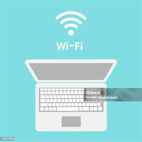 노트북 화면에서 Wifi 아이콘입니다 무선 기술 무선 연결 무선 네트워크 핫스팟 개념 현대 평면 디자인 그래픽입니다 벡터 일러스트 레이 션 파란색 배경에 고립 노트북에 대한