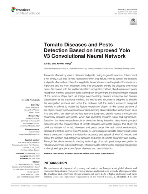 pdf tomato diseases and pests detection based on improved yolo v3 convolutional neural network