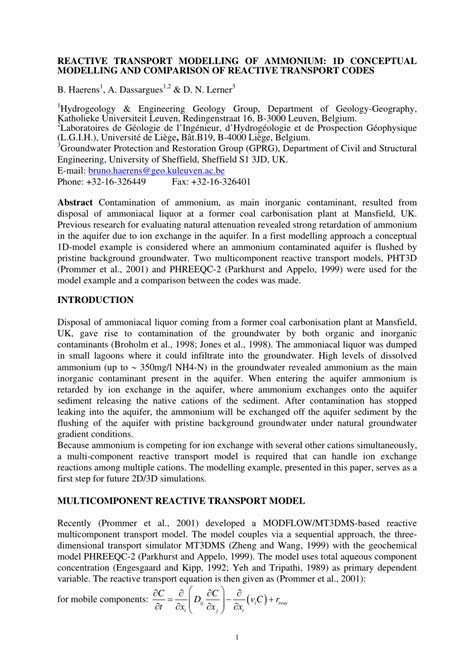 Pdf Reactive Transport Modelling Of Ammonium 1d Conceptual Modelling