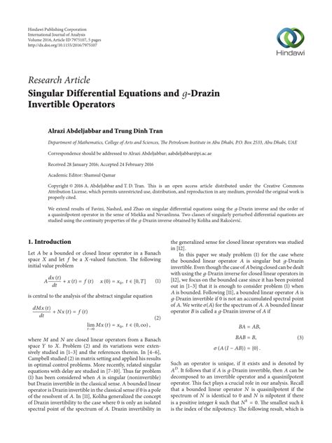 Pdf Singular Differential Equations And G Drazin Invertible Operators