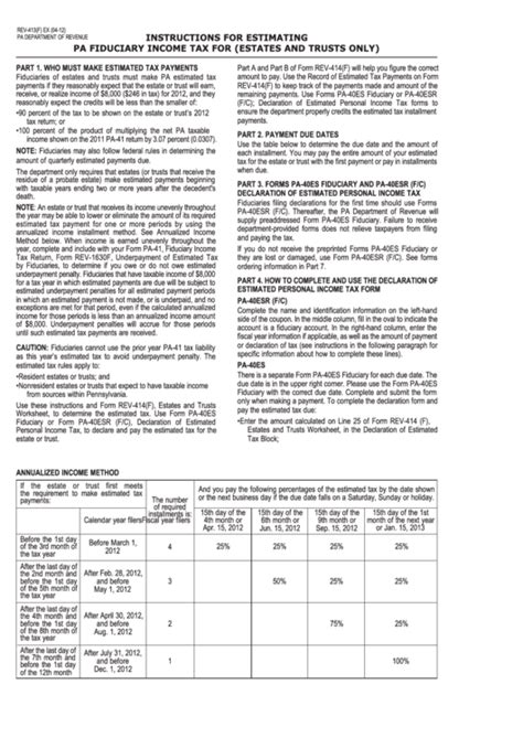 Form Rev F Ex Instructions For Estimating Pa Fiduciary Income Tax For Estates And Trusts