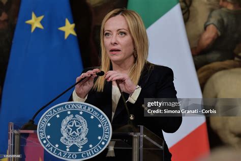 Italian Prime Minister Giorgia Meloni During The Meeting At Palazzo