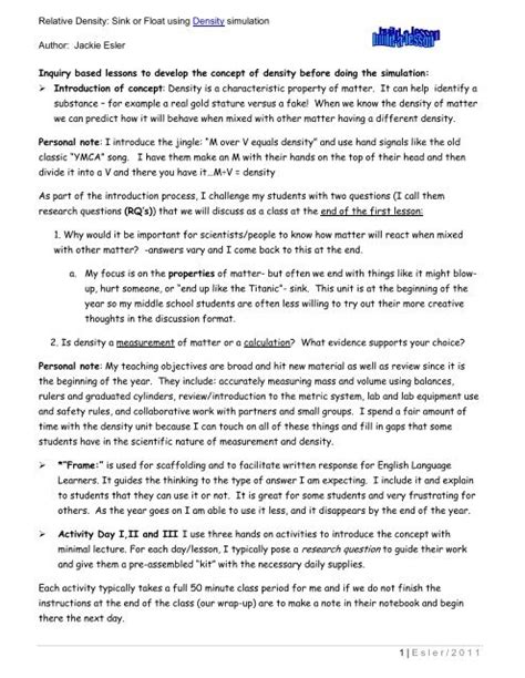 Ideas For Pre Teaching Density Simulationpdf Phet