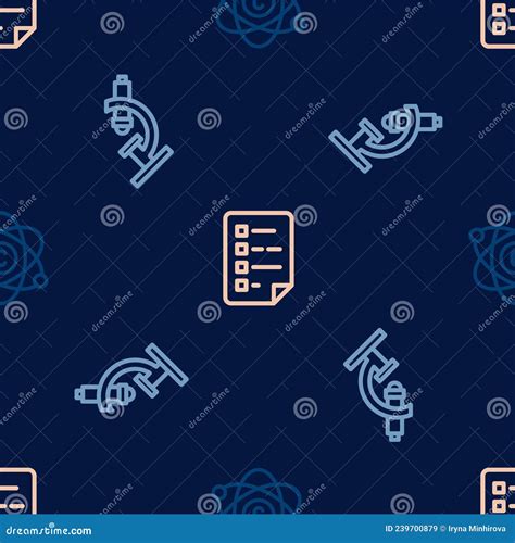 Set Line Atom Microscope And Clipboard With Checklist On Seamless Pattern Vector Stock Vector