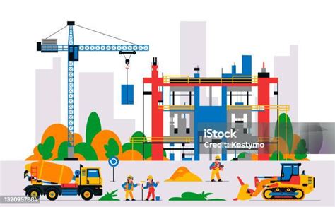 장비와 근로자가 있는 건설 현장 도시의 배경에 대한 건설 중인 건물 미완성 건물 빌더 불도저 크레인 콘크리트 믹서 벡터 일러스트레이션 가공의 인물에 대한 스톡 벡터 아트 및