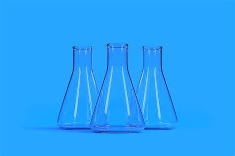 파란색 배경 화학 플라스크 실험실 유리 장비 3d에 세 개의 빈 삼각 플라스크 프리미엄 사진