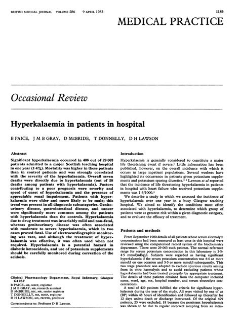 Hyperkalaemia In Patients In Hospital Pmc