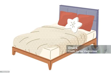 부드러운 보라색 헤드보드와 별 모양의 베개가 있는 심플한 더블 침대입니다 침대 시트 침실 장식 아늑한 숙소 인테리어 만화 스타일의 고립 된 벡터 그림입니다 가구에 대한 스톡