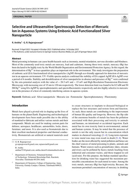 Selective And Ultrasensitive Spectroscopic Detection Of Mercuric Ion In Aqueous Systems Using