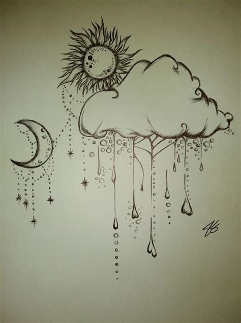 Sun And Clouds With Rain Drops Drawing