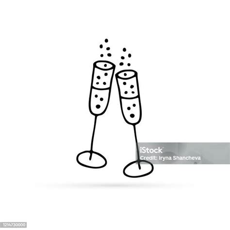 낙서 선 아이콘입니다 스케치 웨딩 토스트 와인 잔 알코올 음료 스파클링 와인과 축하의 일러스트를 위한 거품이 있는 실루엣 샴페인 기호 로맨틱 윤곽선 벡터입니다 결혼식에 대한