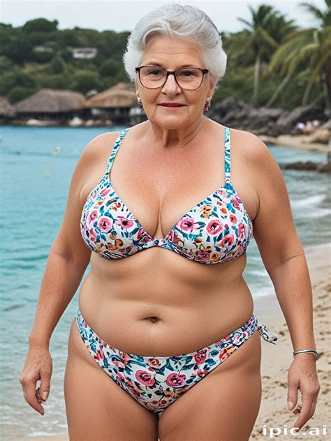Confident Older Woman Enjoying A Beautiful Beach Day In A Colorful Bikini