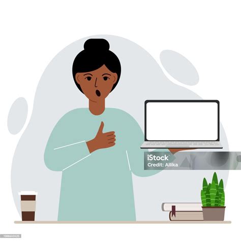 한 여성이 노트북 컴퓨터를 손에 들고 엄지손가락을 들고 표지판을 들고 있다 노트북 컴퓨터 기술 개념 벡터 경영자에 대한 스톡 벡터 아트 및 기타 이미지 Istock